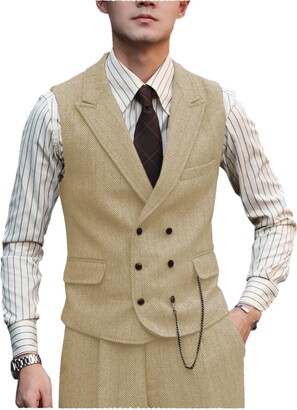 Zeattall Men Vests Wool Herringbone Tweed Suit Vest Double Breasted ...