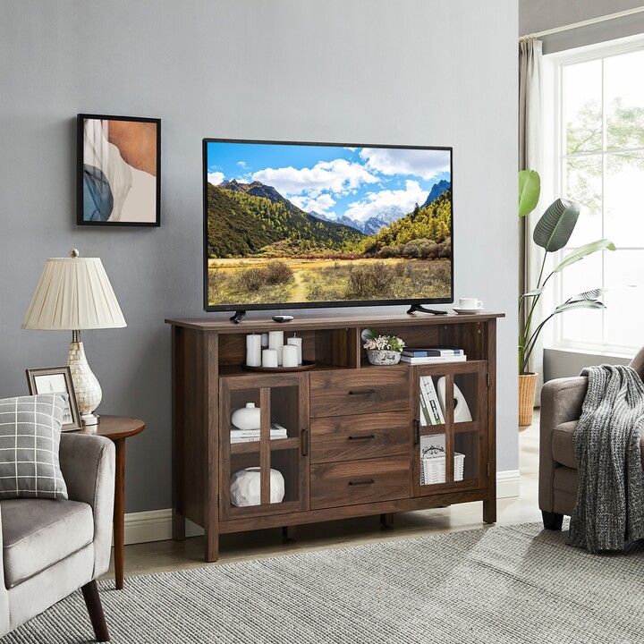 Tiramisubest Farmhouse Glass Door TV Stand with 3 Drawer, for 65 Inch ...