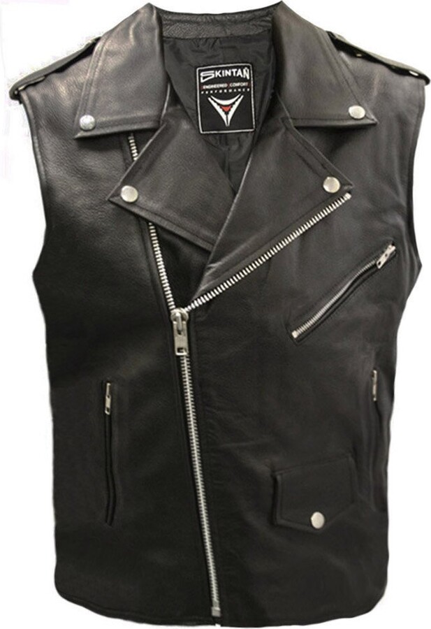 Skintan Mens Brando Sleeveless Leather Waistcoat Jacket - Medium M ...