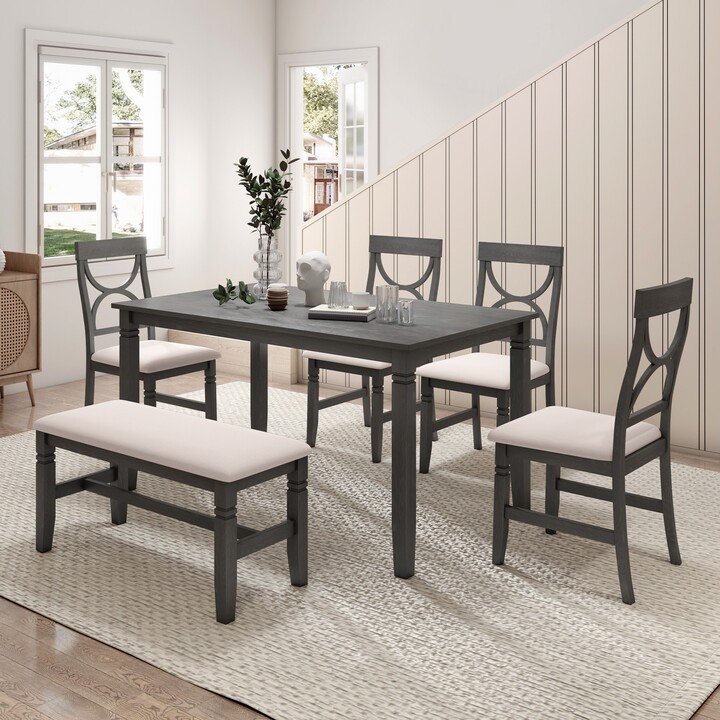 EYIW Farmhouse Wood 6-Piece Dining Table Set, Family Kitchen Table Set ...