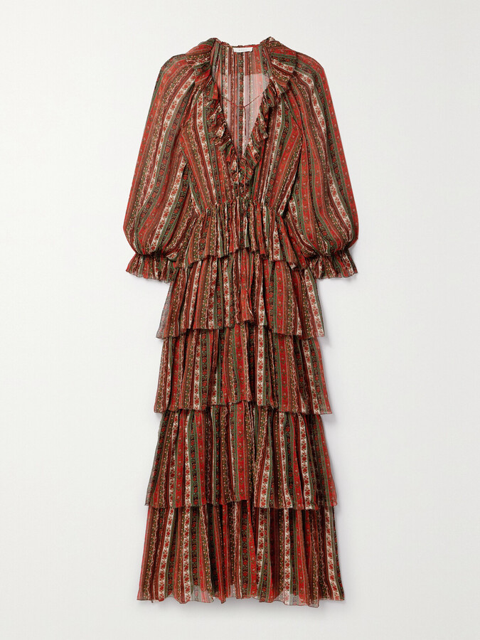 DÔEN Marlanna Ruffled Tiered Printed Silk-crepon Maxi Dress - small ...