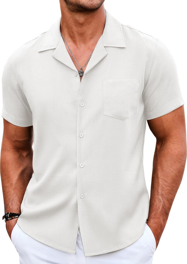 COOFANDY Mens Casual Button Down Shirt Short Sleeve Linen Shirts Beach ...