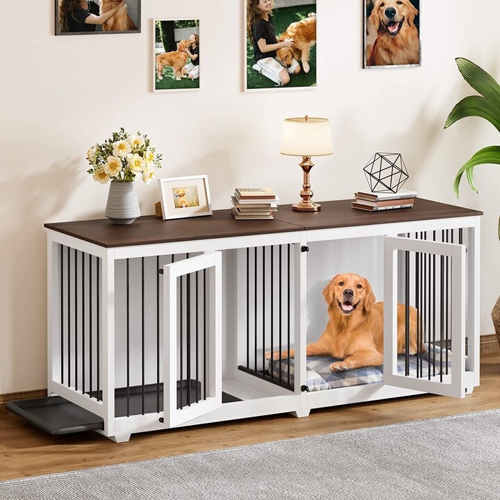 FAMAPY 70.9" Dog Crate Furniture, Wooden Dog Kennel with Tray and ...