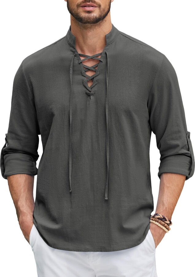 COOFANDY Men Lace Up Medieval Renaissance Long Sleeve Shirt Pirate ...