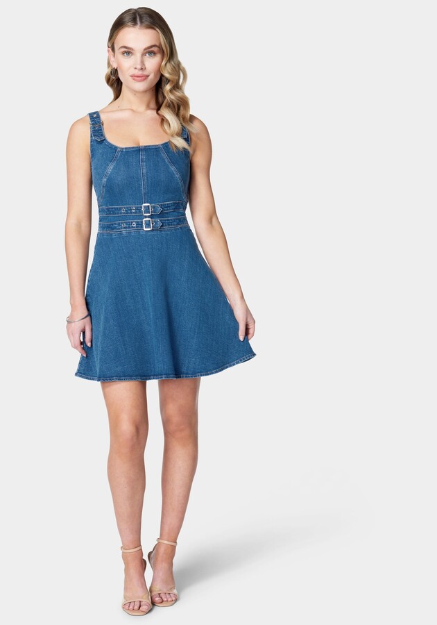 Bebe Belt Buckle Detail Fit & Flare Denim Dress - ShopStyle