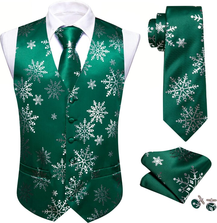 Barry.Wang Mens Christmas Suit Vest Green Silver Snowflake Waistcoat ...