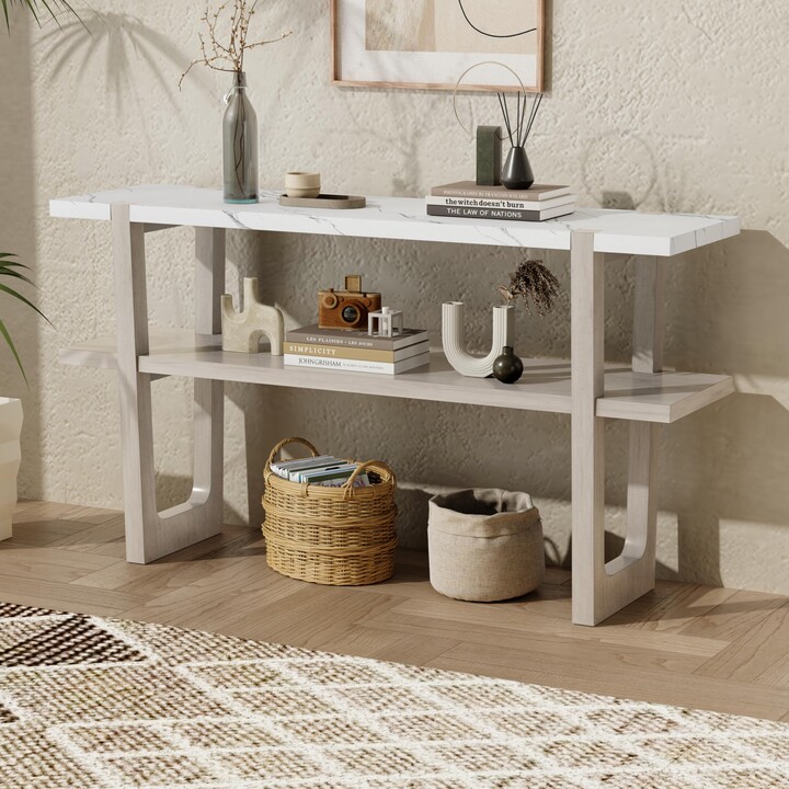 Merax 54" Retro Console Table with Marble-Effect Top and Versatile ...