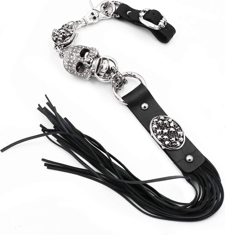 UNIQSUM Sparkling Skull Keyring Black Leather Biker Tassel Motorcycle ...