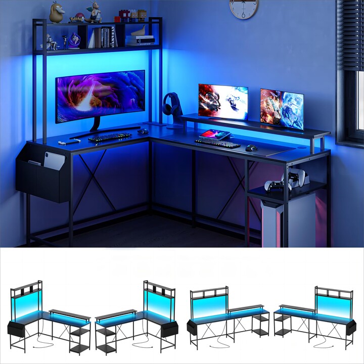 Jojoka L Shaped Computer Gaming Desk with LED Lights & Power Outlets ...