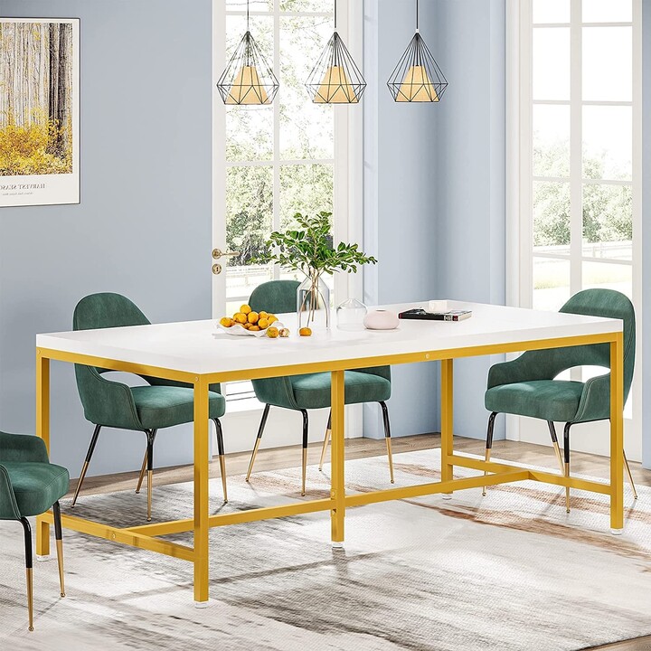 Lee 6FT Modern White Gold Rectangle Dining Table Set for 6 with Heavy ...