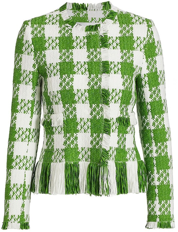 Oscar de la Renta Checkered Tweed Fringe Jacket - ShopStyle