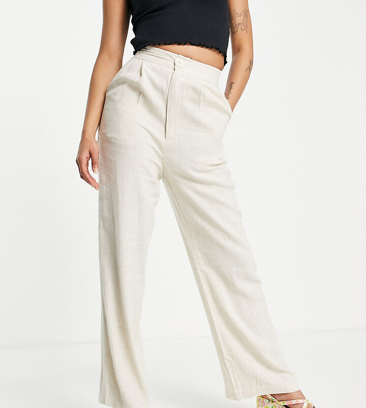 Stradivarius Petite wide leg linen dad pants in natural - ShopStyle