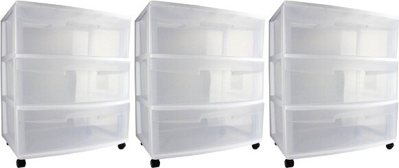 Sterilite Wide 3 Drawer Storage Cart, Plastic Rolling Cart with Wheels ...