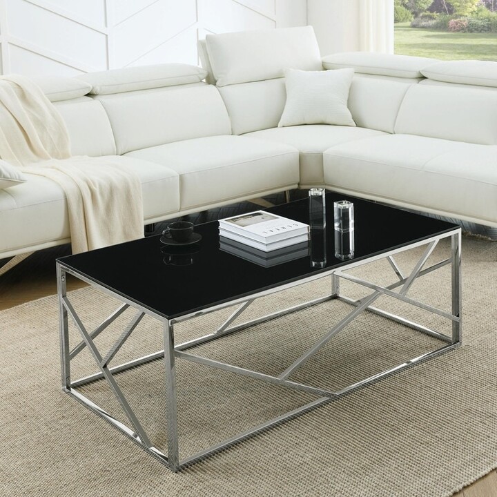 CARMORICO Modern Rectangular Coffee Table with Black Glass Top and ...