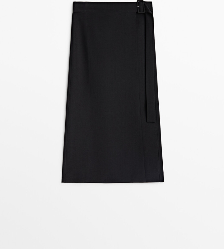 Massimo Dutti Wrap-Style Midi Skirt With Lined Buckle - ShopStyle