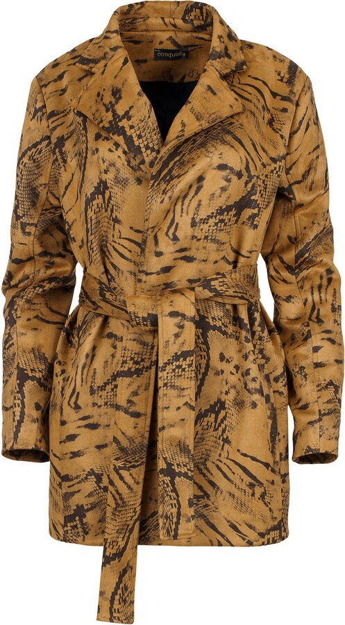 Conquista - Brown Print Alcantara-Look Jacket With Belt - ShopStyle