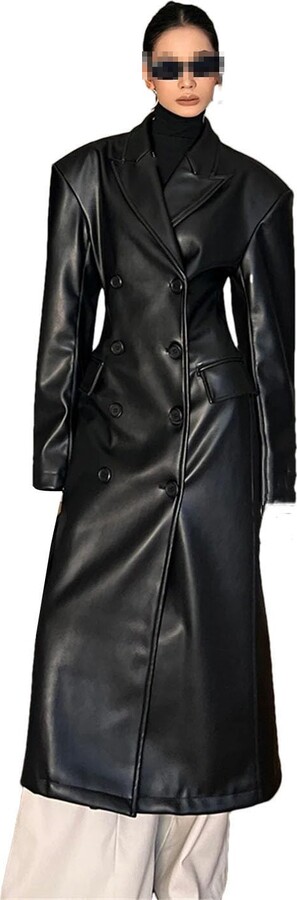 Vogrtcc Women Double Breasted Spring Autumn Long Black Pu Leather ...