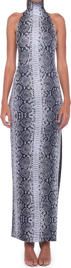 Norma Kamali Halter Turtle Side Slit Gown In Black/white Python ...