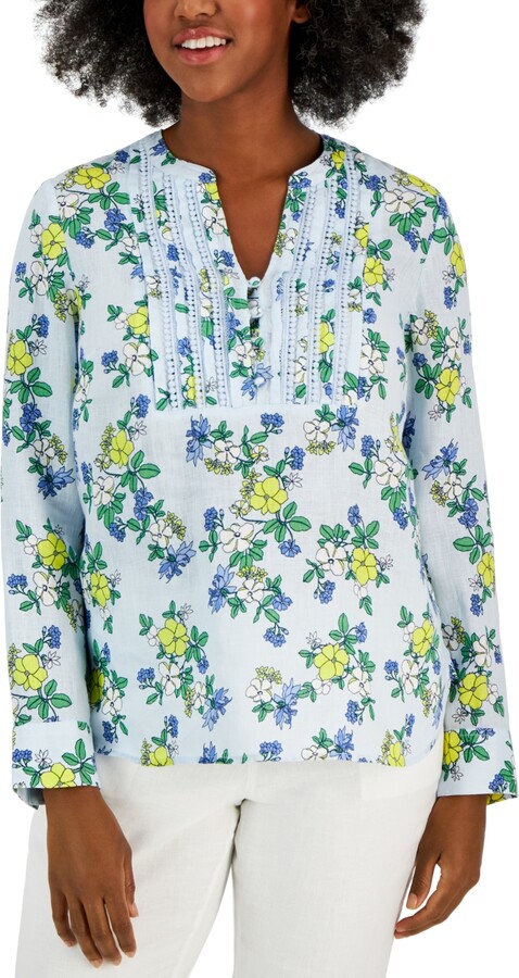 Charter Club Women's Linen Printed Split-Neck Tunic, Created for Macy's ...