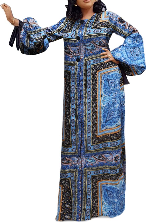 Vonda Women Bohemian Maxi Dress Long Lantern Sleeve V Neck Ethnic Long