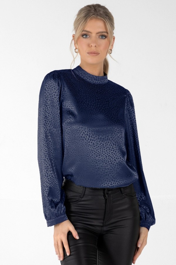 Zibi London Ellie Jacquard Satin Blouse Navy - ShopStyle Tops