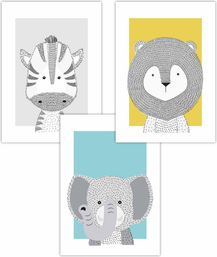 ARTZE Set of 3 Nursery Scandi Sketch Jungle Animals with Lion in Blue ...