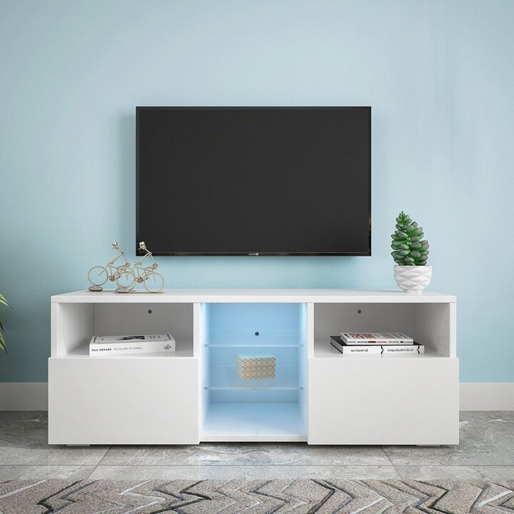 GEROJO White Modern Minimalist TV Cabinet w/ 20 Colors High-Gloss LED ...