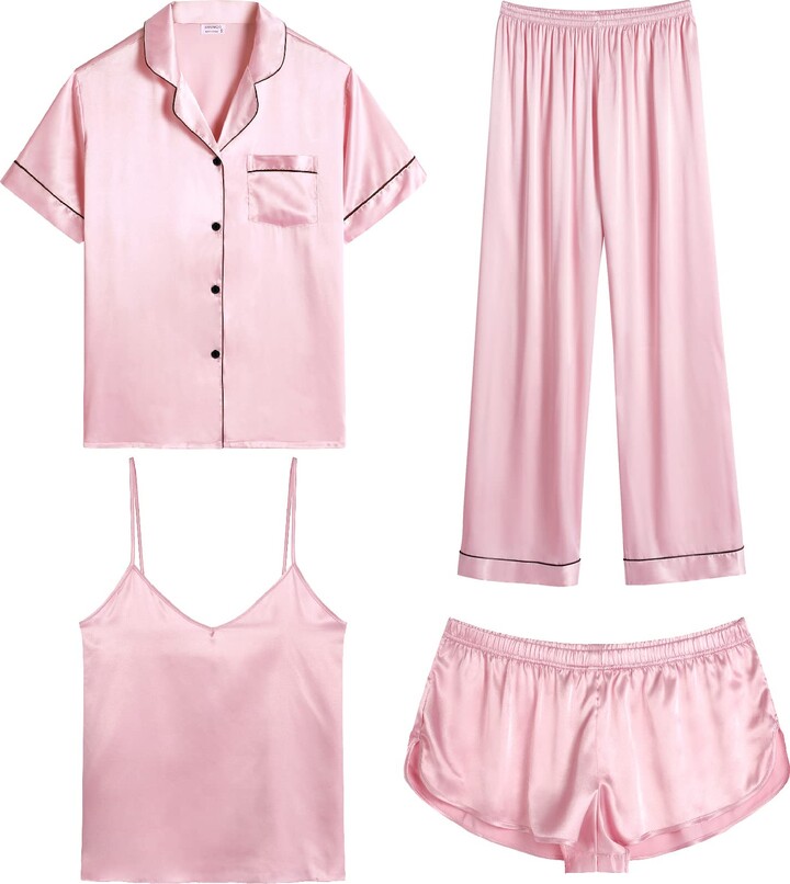 SWOMOG Pyjamas for Women 4pc Silk Pyjama Set Pink Silk Pjs Short Shirt ...