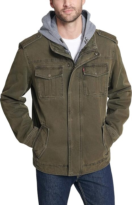 Levi's r Men's Washed Cotton Hooded Military Jacket (Olive/Polytwill ...