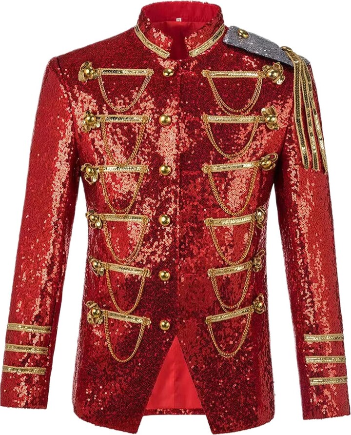 WOLONG Men's Sequin Uniform Stage Jacket Black Red Blue Silver Glitter ...