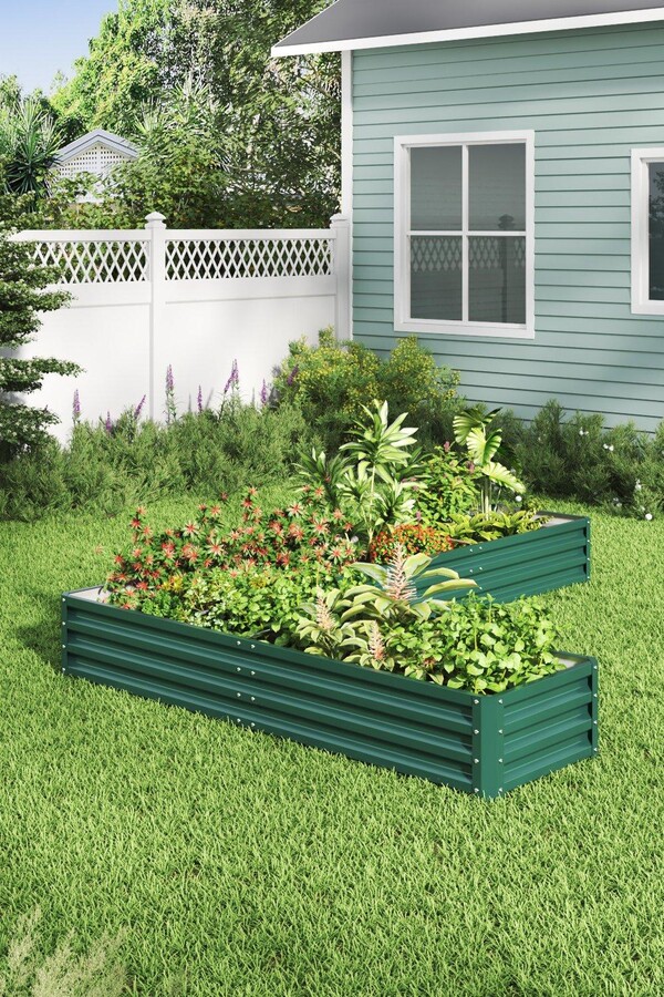 H&O Direct L-Shaped Galvanized Steel Raised Garden Bed Dark Green ...