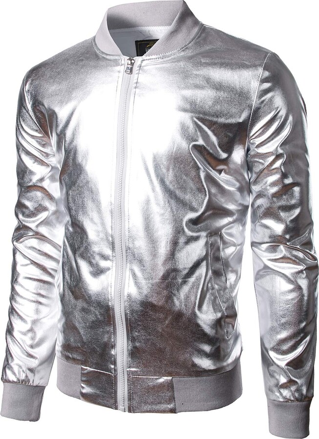 JOGAL Men's Metallic Nightclub Zip Baseball Bomber Jacket - Silver - XX ...