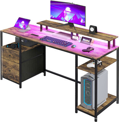 17 Stories Computer Desk with LED Lights, USB Ports, Gaming Desk with ...