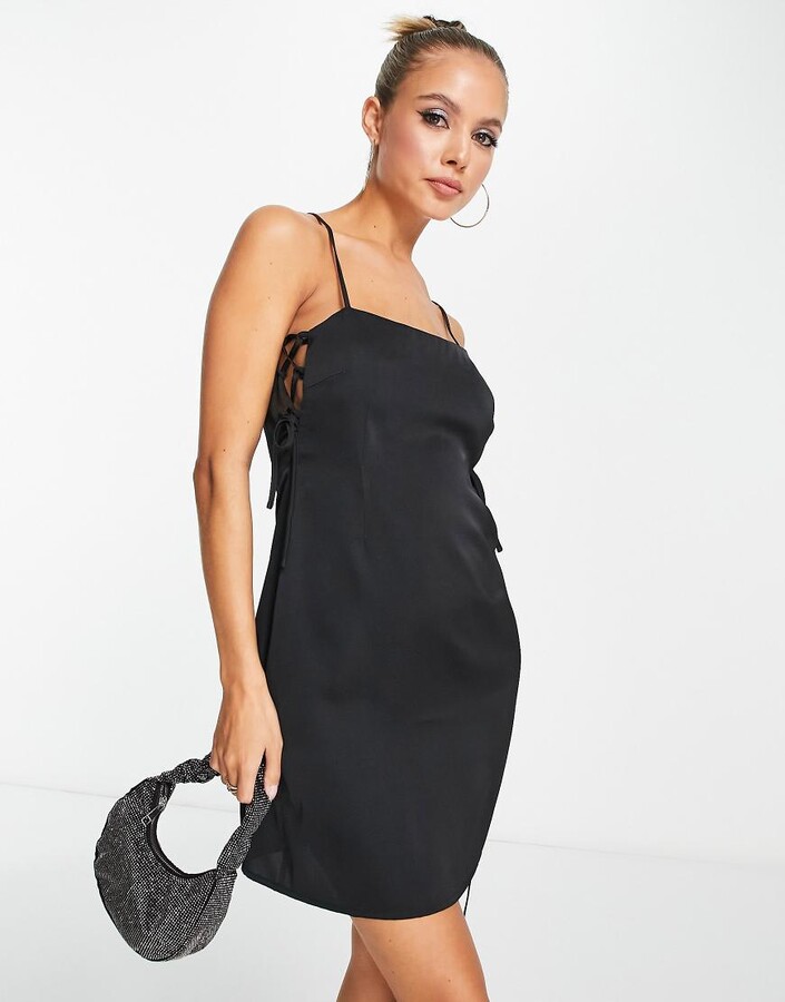Lola May satin cami mini dress with lace up sides in black - ShopStyle