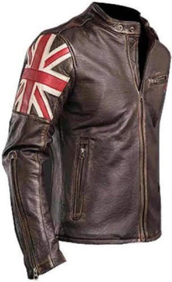 LP-FACON UK Flag Union Jack Cafe Racer Distressed Brown Leather Jacket ...