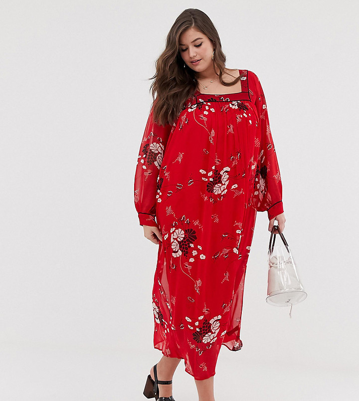 ASOS DESIGN Curve floaty square neck maxi dress with piping in floral ...