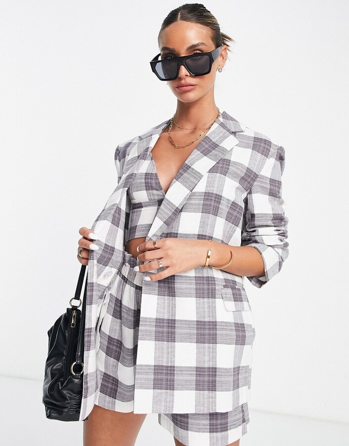 ASOS DESIGN linen check double breasted suit blazer in check in multi ...