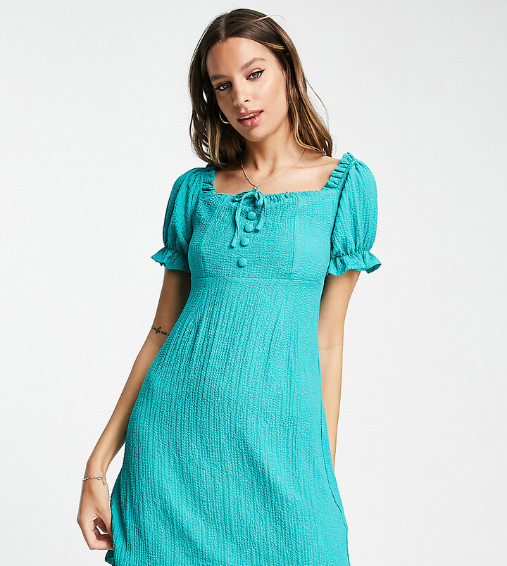 Lola May Tall off shoulder button front mini dress in teal - ShopStyle