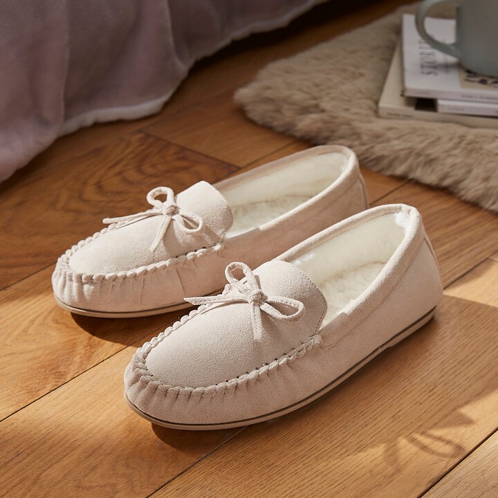 Dunelm Natural Suedette Moccasin Slippers, Size: Womens 5-6 Natural ...