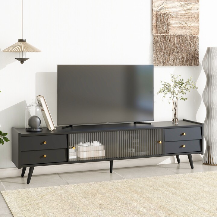 HOMEBAY TV Stand with Sliding Fluted Glass Doors, Slanted Drawers Media ...