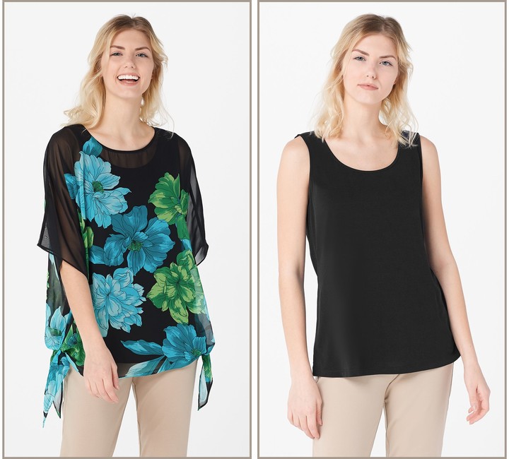 Susan Graver Printed Sheer Chiffon Scarf Top And Knit Tank Set Shopstyle