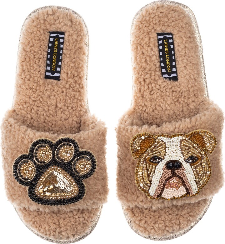 Laines London Women's Brown Teddy Towelling Slipper Sliders With Mr ...