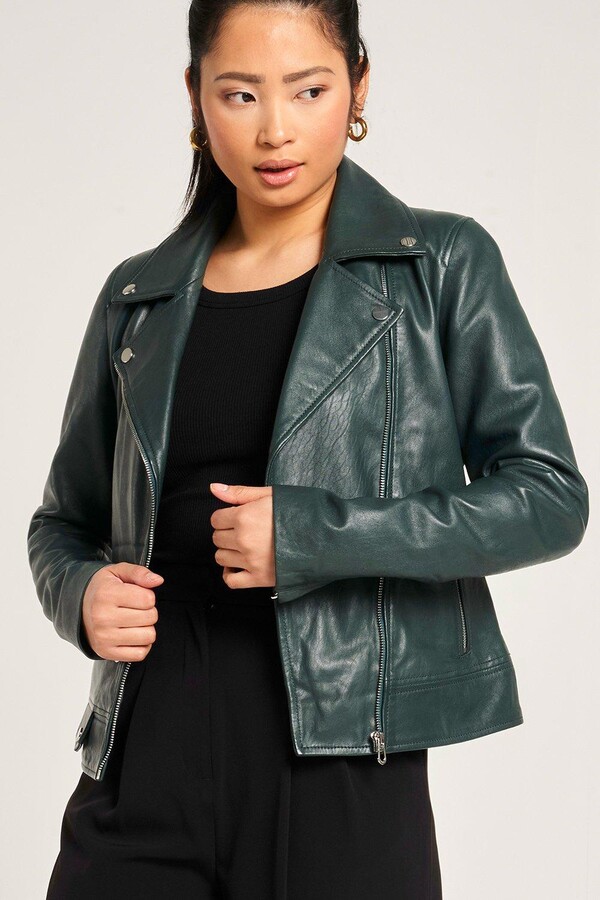 Barneys Originals Racing Green Leather Biker Jacket - ShopStyle