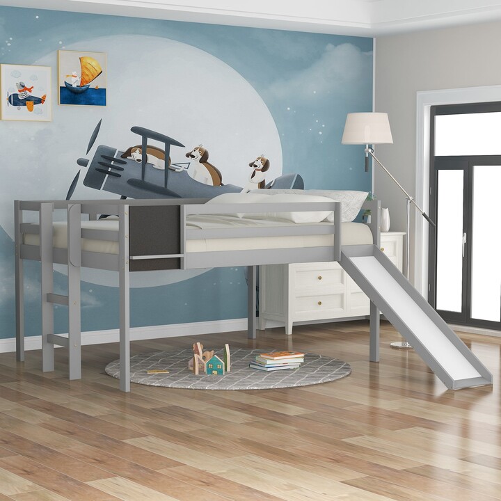 Aoolive Full size Loft Bed Wood Bed with Slide, Stair and Chalkboard ...