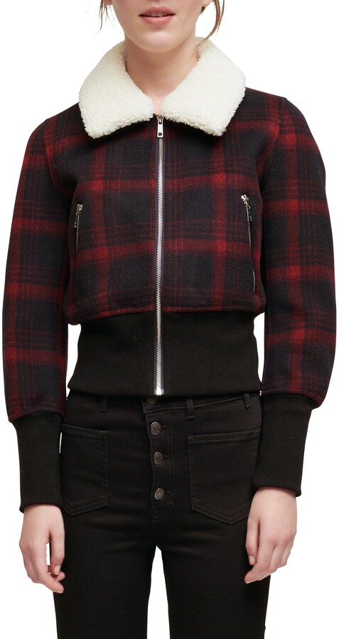 Maje Bloppane Plaid Wool Blend Bomber Jacket with Faux Fur Collar ...