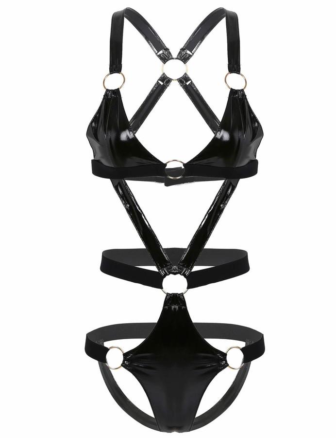 Iiniim Womens Leotard Pvc Leather Bodysuit Catsuit Wetlook Harness
