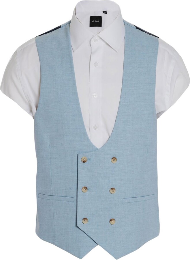 Dobell Mens Light Blue Waistcoat Regular Fit Double Breasted 6 Button-L ...