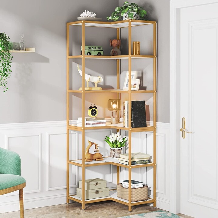 Farfarview 6-Shelf Corner Bookshelf, 70.9 Inch Tall L Shaped Display ...