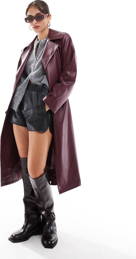 Stradivarius leather look trench coat in burgundy - ShopStyle