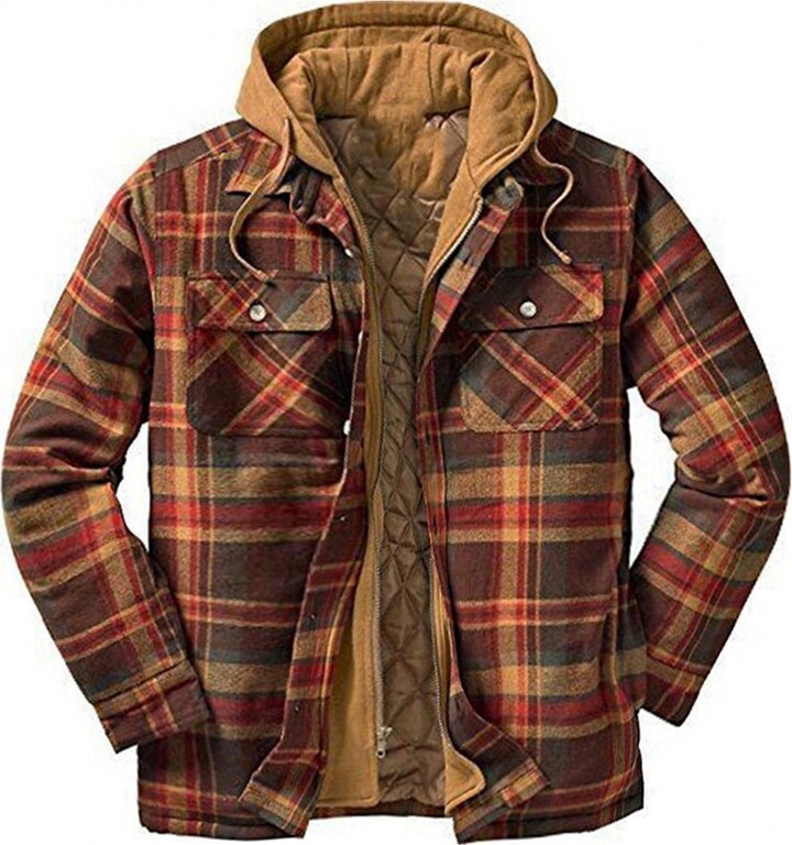 N\C Mens Thermal Quilted Lined Flannel Shirts Jackets with Hood Warm ...
